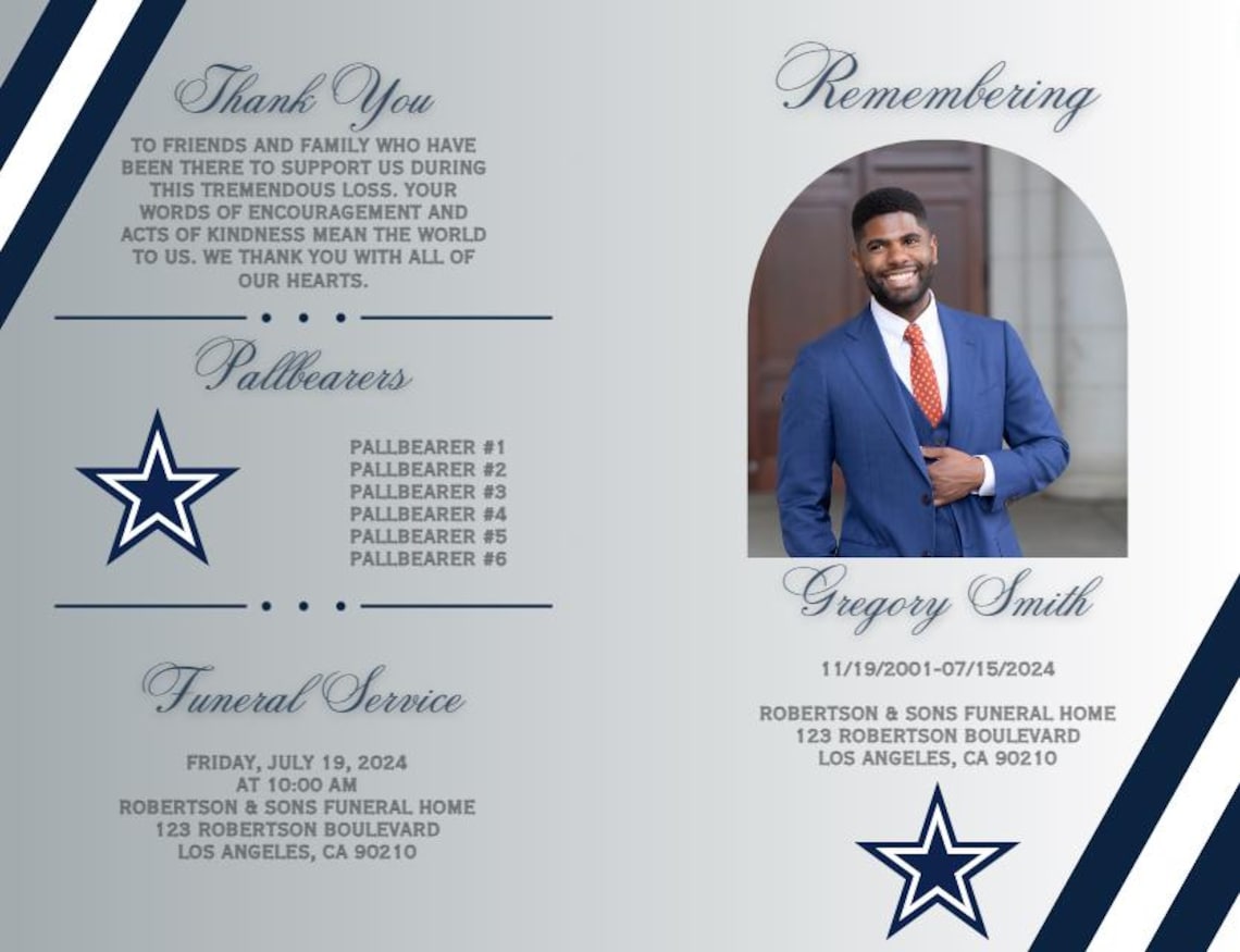 Sports Fan Funeral Program – Navy & Grey Obituary Template (canva ...