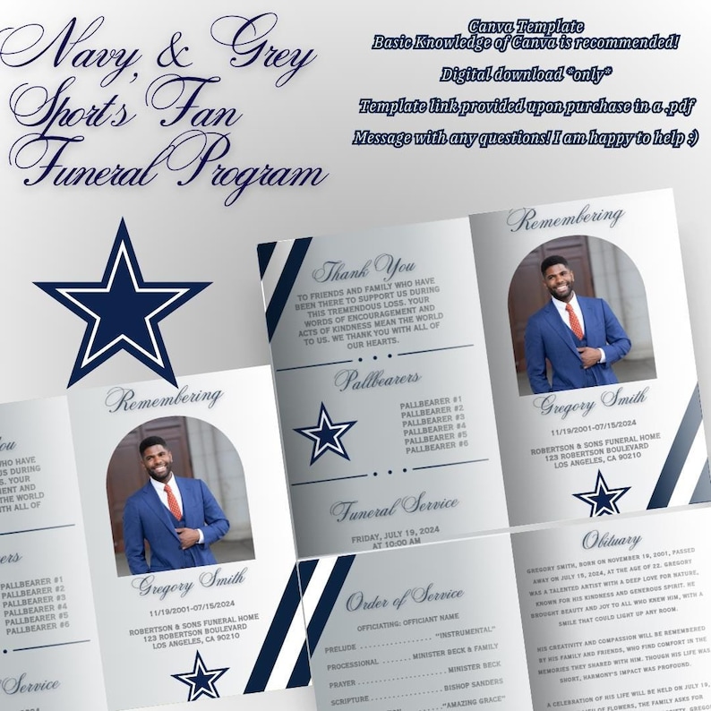 Navy and Grey Sports Fan Funeral Program Editable Canva Obituary ...