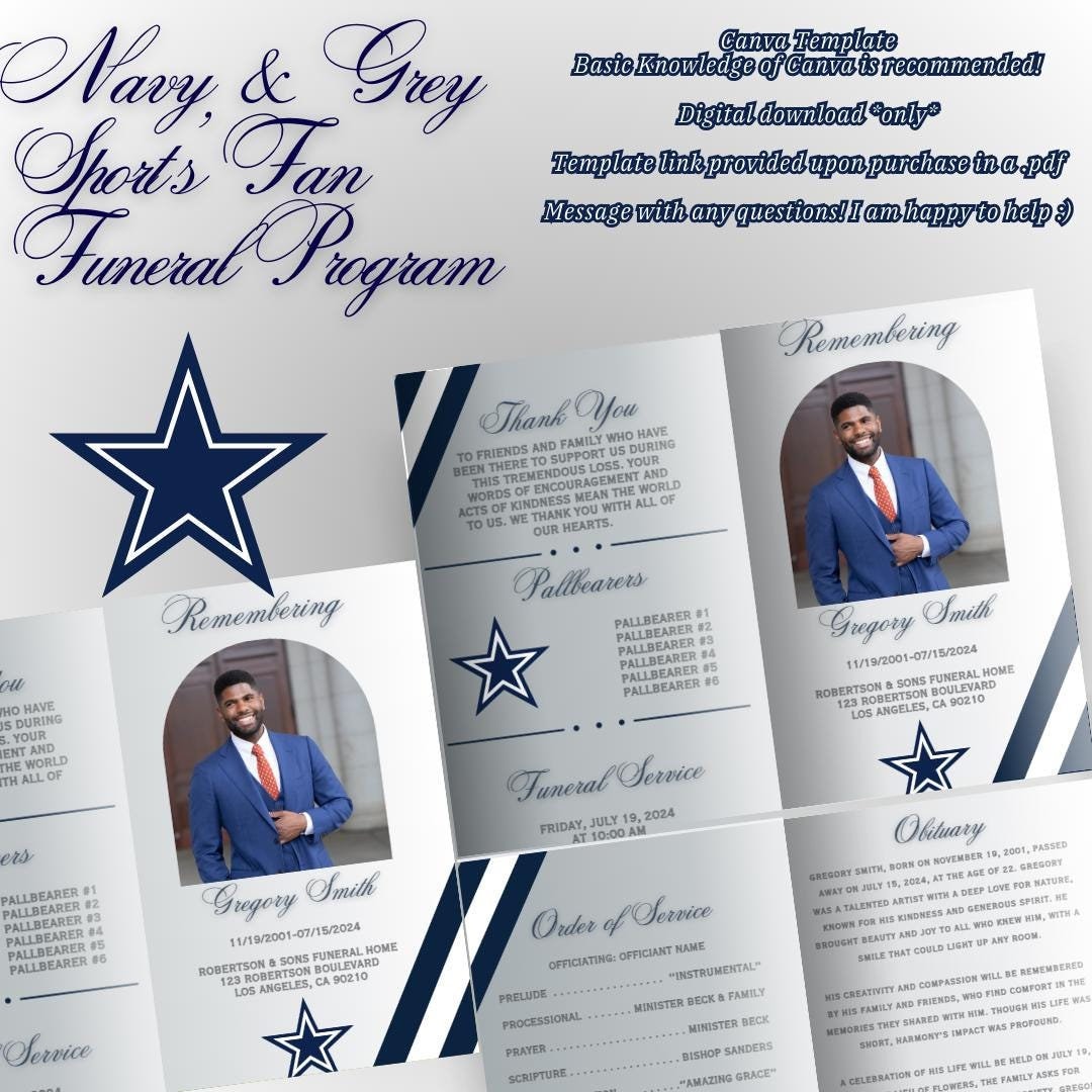 Sports Fan Funeral Program – Navy & Grey Obituary Template (canva ...