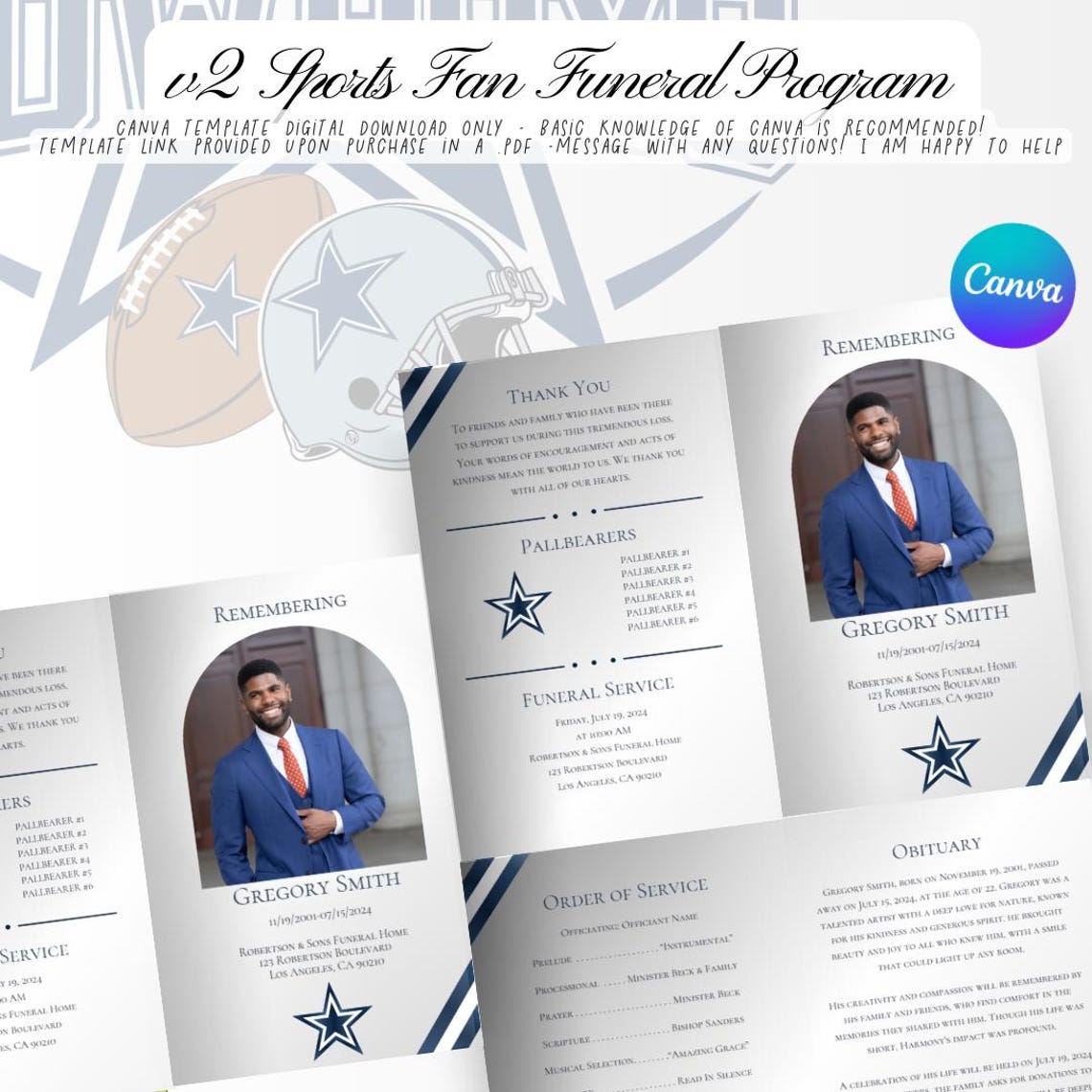 Sports Fan Funeral Program – Navy & Grey Obituary Template (digital ...