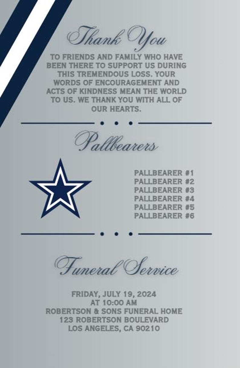 Navy and Grey Sports Fan Funeral Program Editable Canva Obituary ...