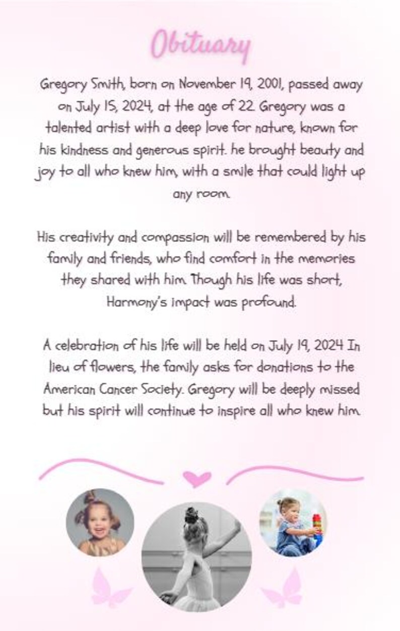 Pink Butterfly Funeral Program Template – Child Obituary (canva ...