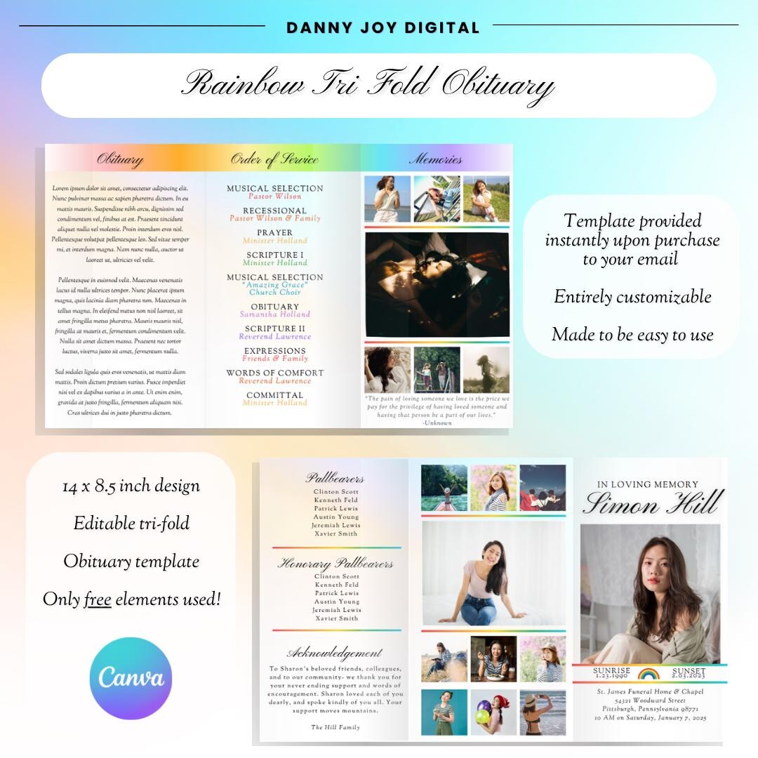 Rainbow Funeral Program Template – Minimalist Obituary, Tri-fold (canva ...