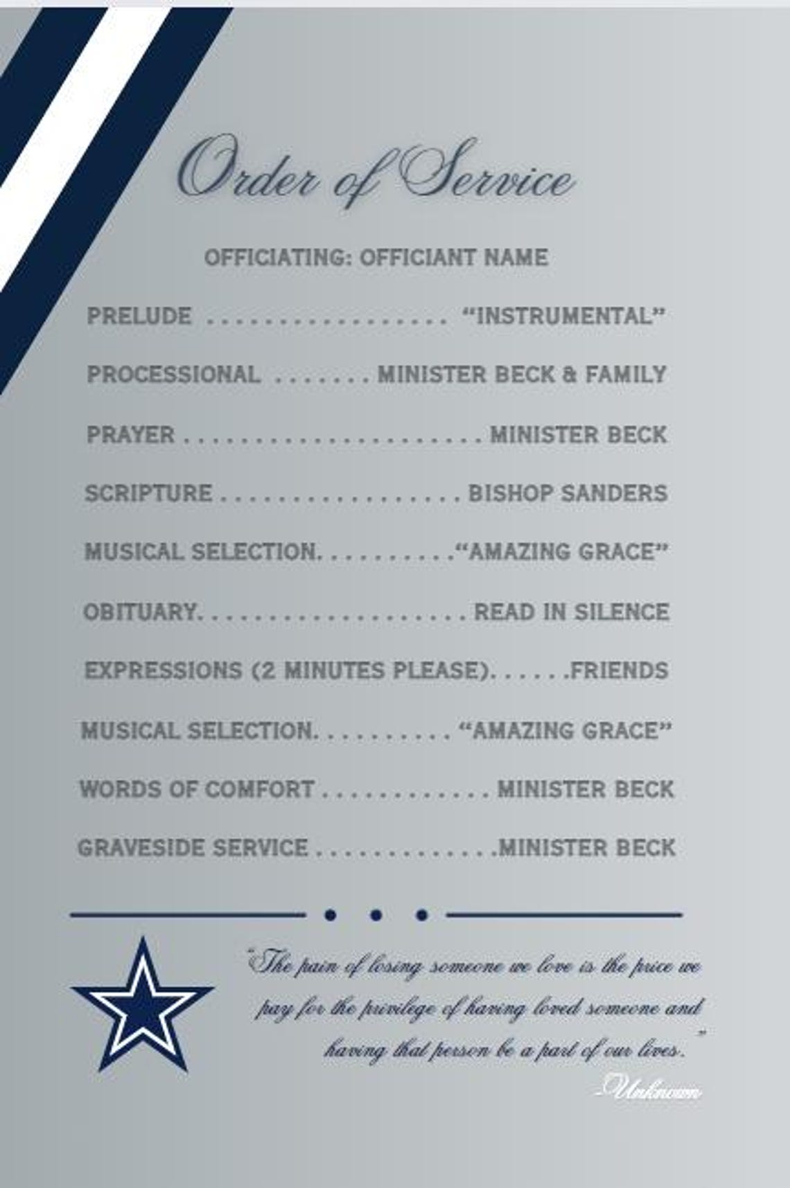 Sports Fan Funeral Program – Navy & Grey Obituary Template (canva ...