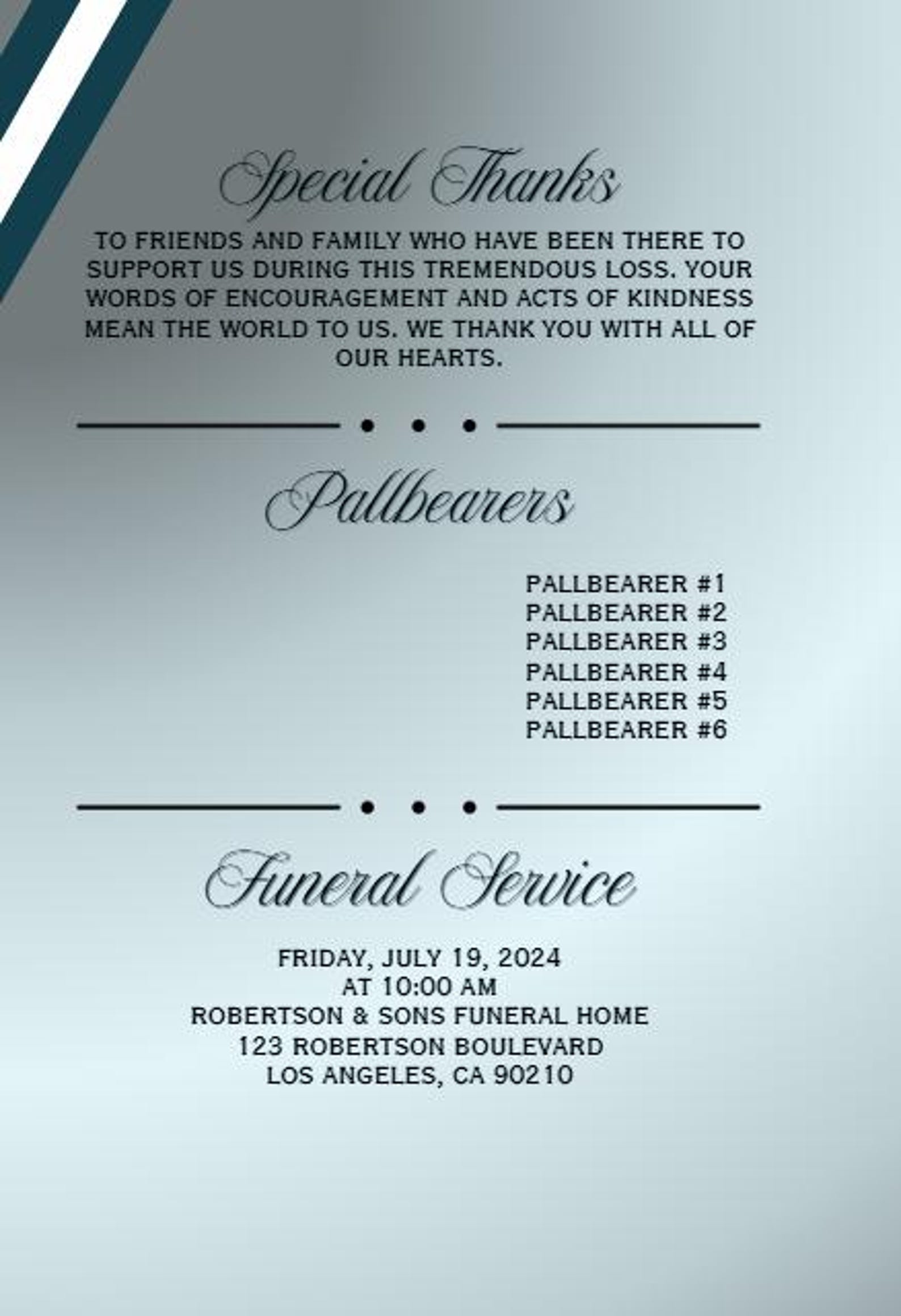Teal and Silver Sports Fan Funeral Program Editable Canva Obituary ...