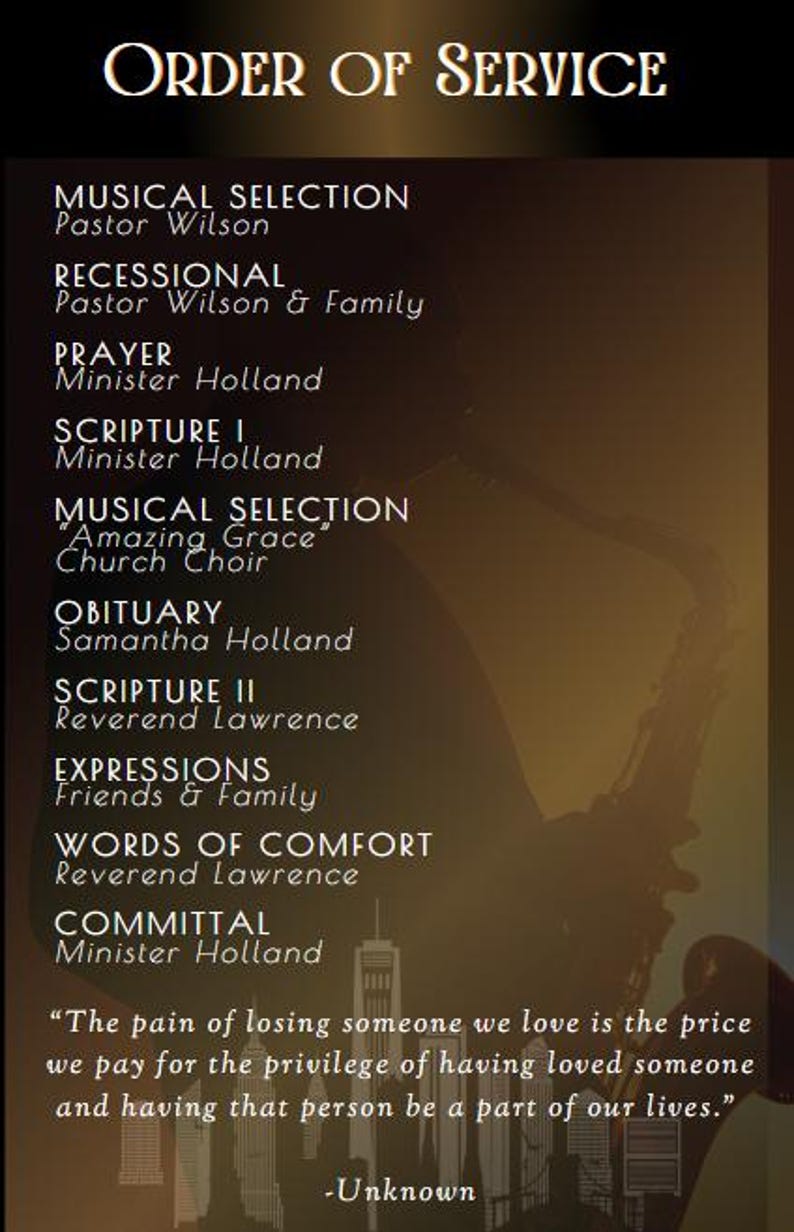NYC Jazz Elegance Funeral Program - Editable Canva Obituary Template ...