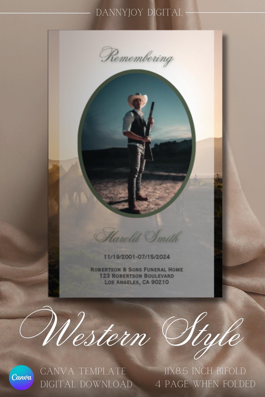 Old Western Style Funeral Program - Editable Canva Obituary Template ...