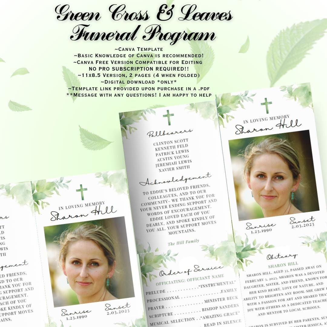 Green Cross and Leaves Funeral Program Editable Canva Obituary Template ...