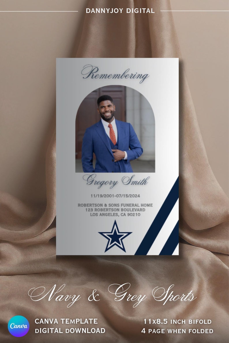 Navy and Grey Sports Fan Funeral Program Editable Canva Obituary ...