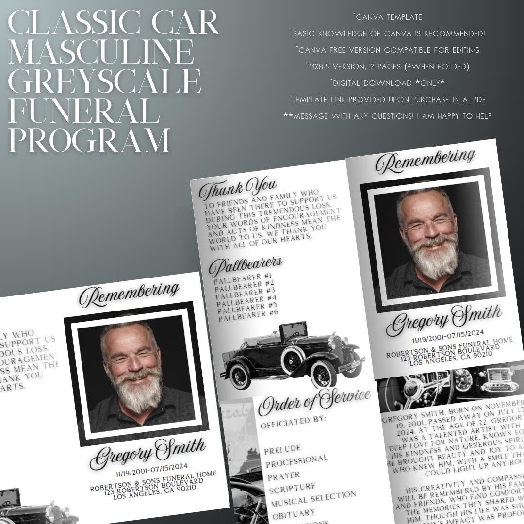Classic Car Funeral Program Template – Masculine Greyscale Obituary ...