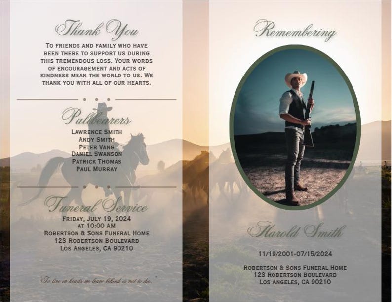 Old Western Style Funeral Program - Editable Canva Obituary Template ...