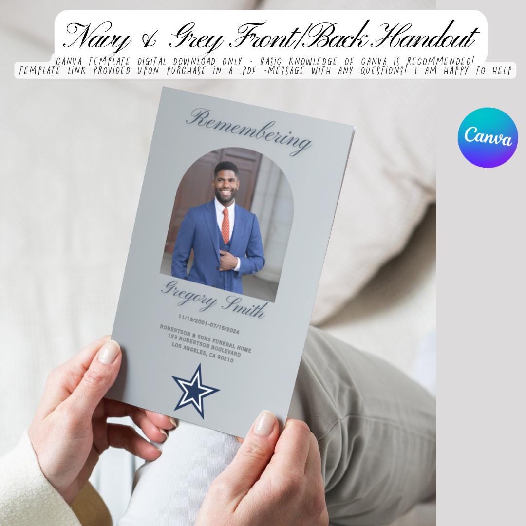 Navy and Grey Sports Fan Funeral Program Editable Canva Obituary ...