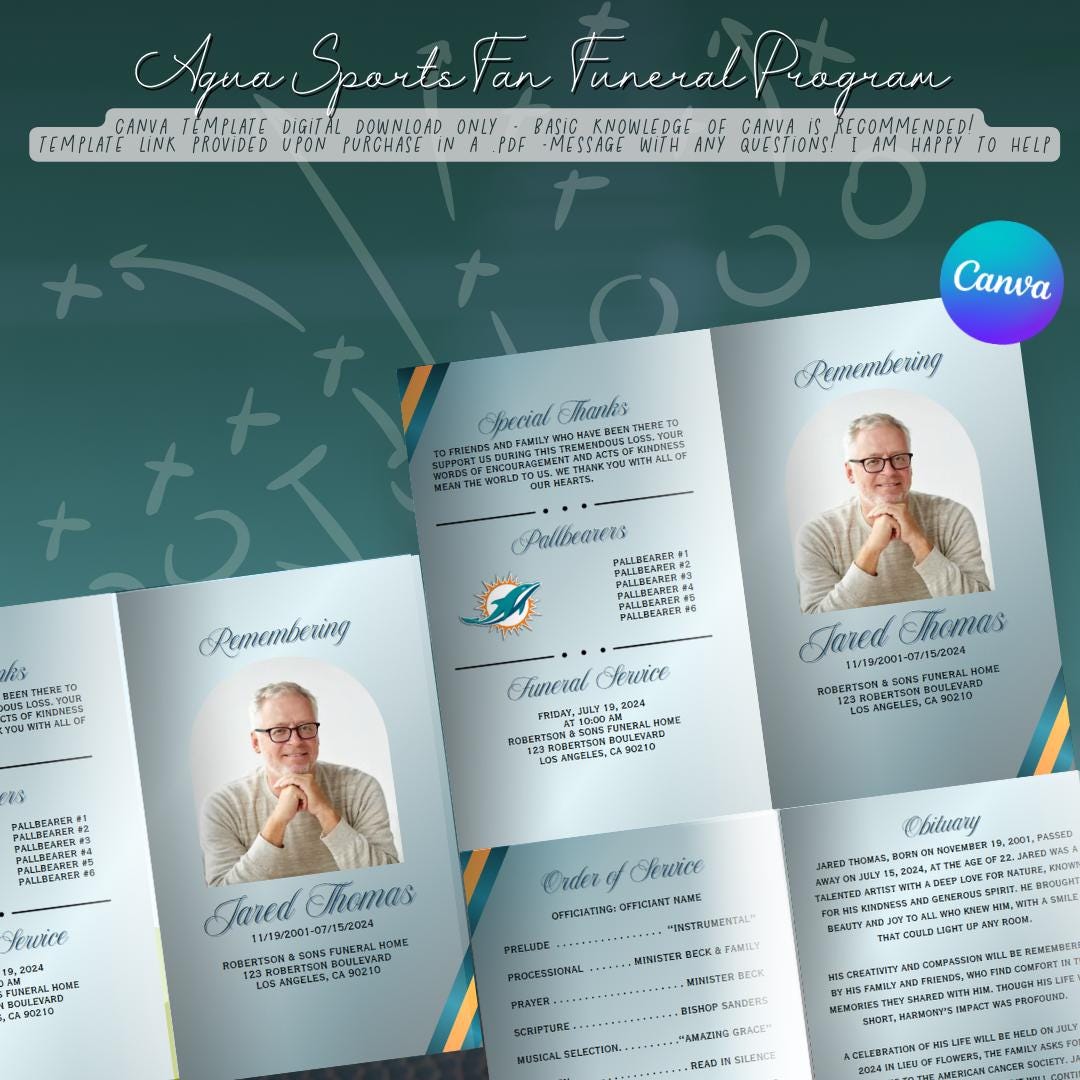 Aqua Orange Sports Fan Funeral Program Editable Canva Obituary Template ...