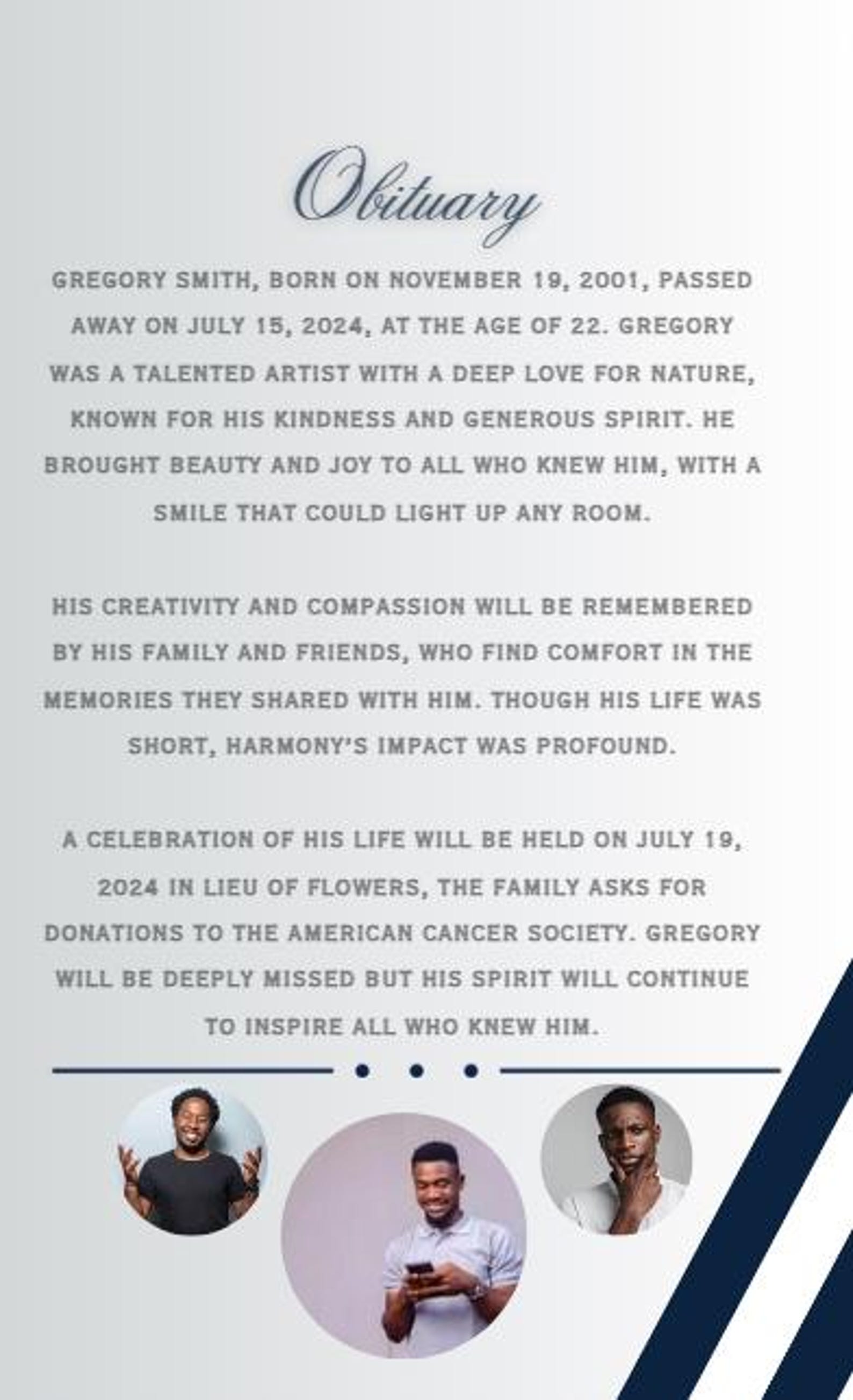 Sports Fan Funeral Program – Navy & Grey Obituary Template (canva ...