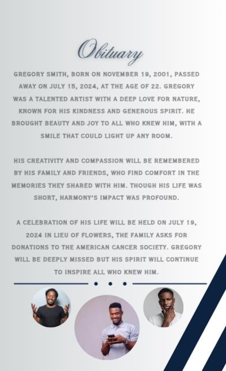 Navy and Grey Sports Fan Funeral Program Editable Canva Obituary ...