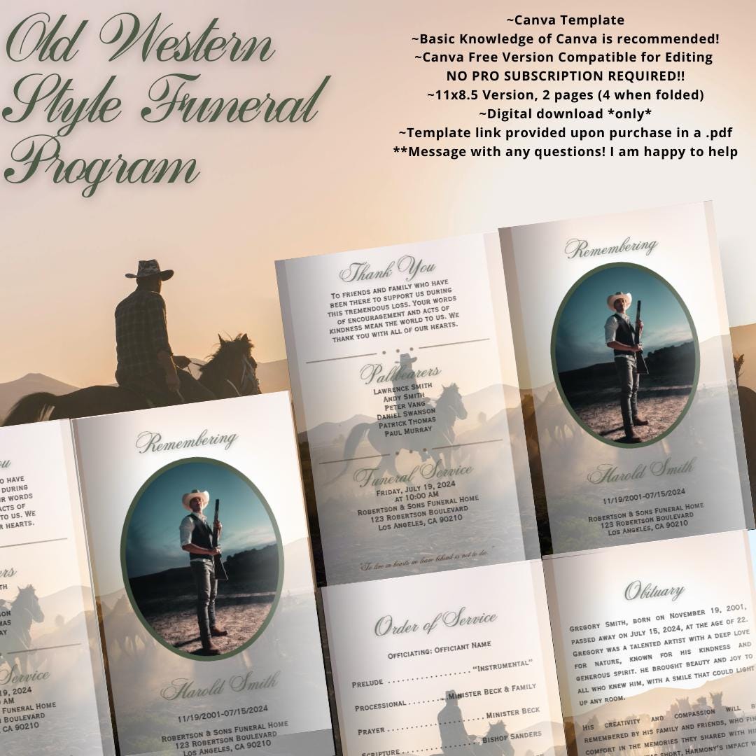 Old Western Style Funeral Program - Editable Canva Obituary Template ...