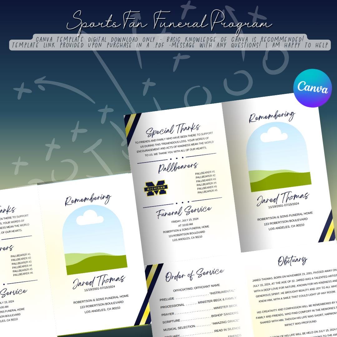 Blue Yellow Sports Fan Funeral Program Editable Canva Obituary Template ...