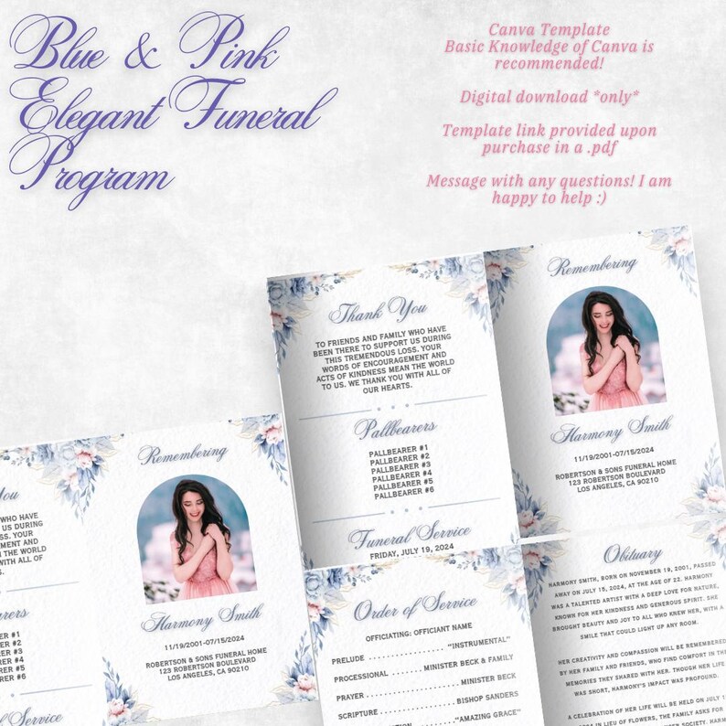 Elegant Blue & Pink Floral Funeral Program- 8.5x11 Half Fold Program, Feminine Beautiful ...