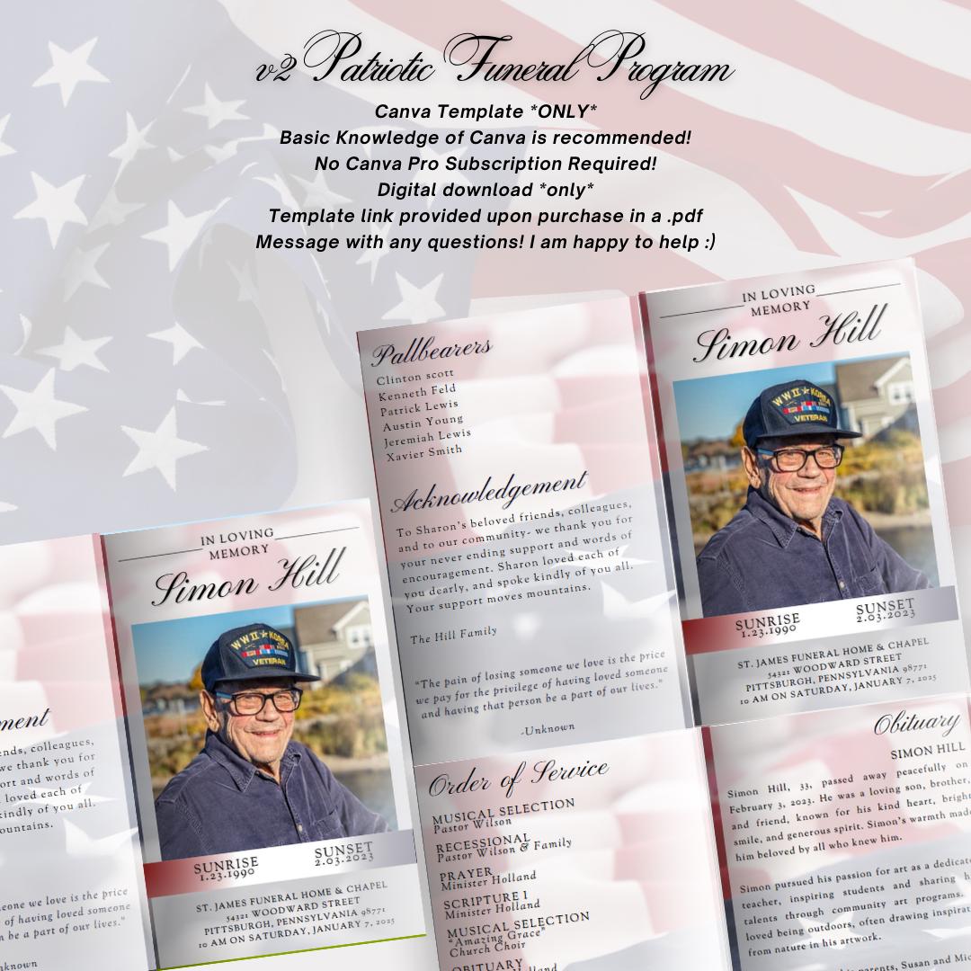 Patriotic Funeral Program Editable Canva Obituary Template - Military ...