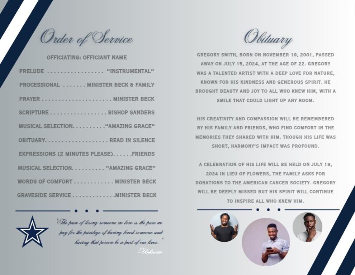 Sports Fan Funeral Program – Navy & Grey Obituary Template (canva ...