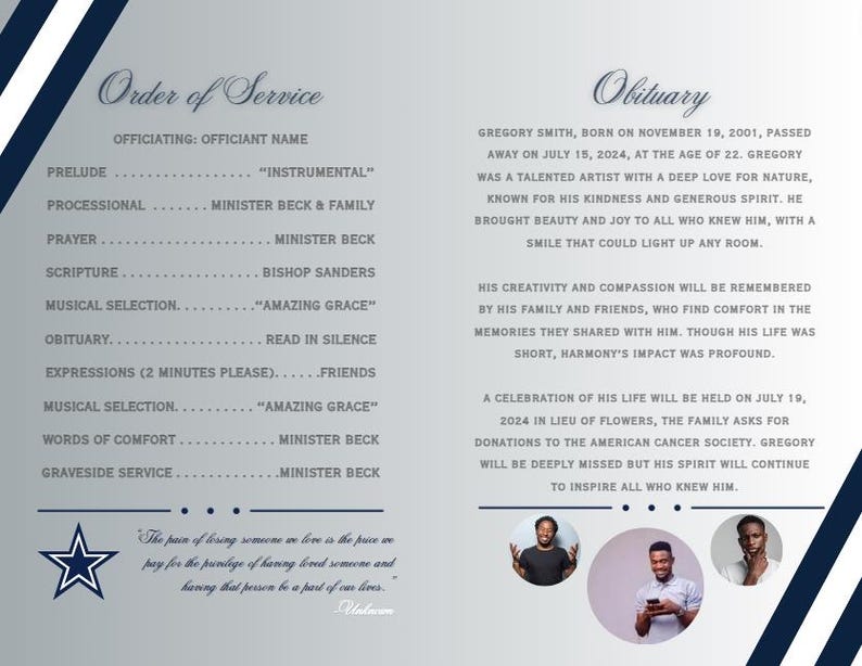 Navy and Grey Sports Fan Funeral Program Editable Canva Obituary ...