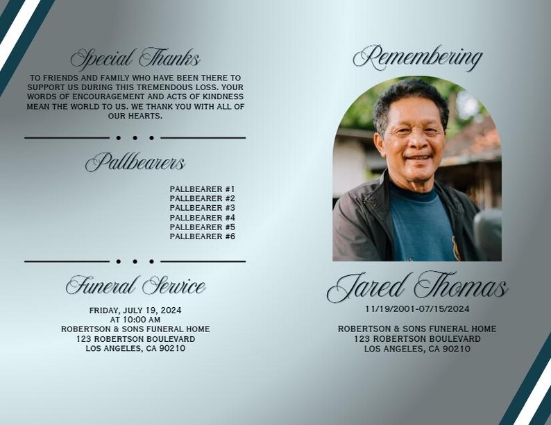 Teal and Silver Sports Fan Funeral Program Editable Canva Obituary ...