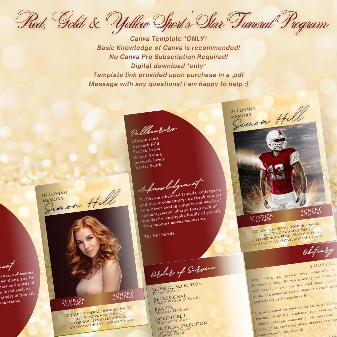 Sports Star Funeral Program Template – Red, Gold, Yellow (canva, 8.5x11 ...