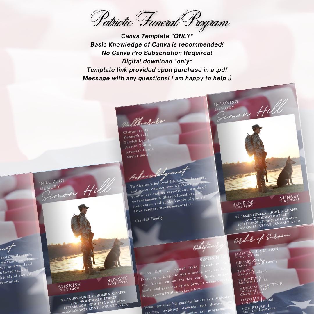 Patriotic Funeral Program Template – Red, White, Blue Canva (digital ...