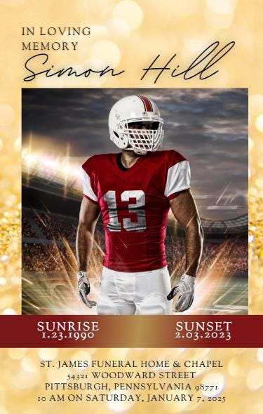 Sports Star Funeral Program Template – Red, Gold, Yellow (canva, 8.5x11 ...
