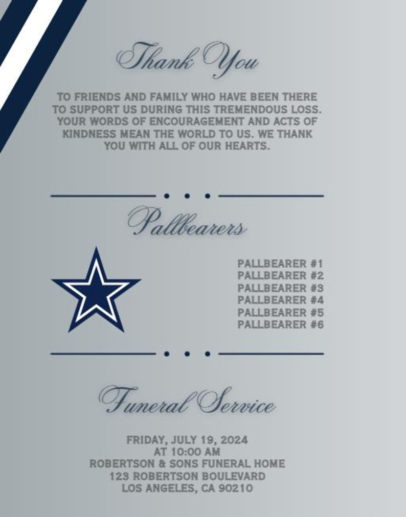 Navy and Grey Sports Fan Funeral Program Editable Canva Obituary ...