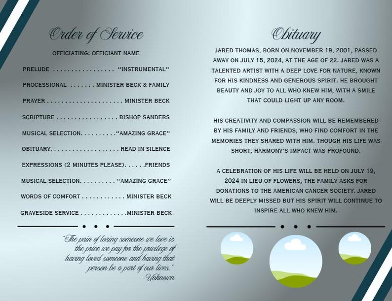 Teal and Silver Sports Fan Funeral Program Editable Canva Obituary ...