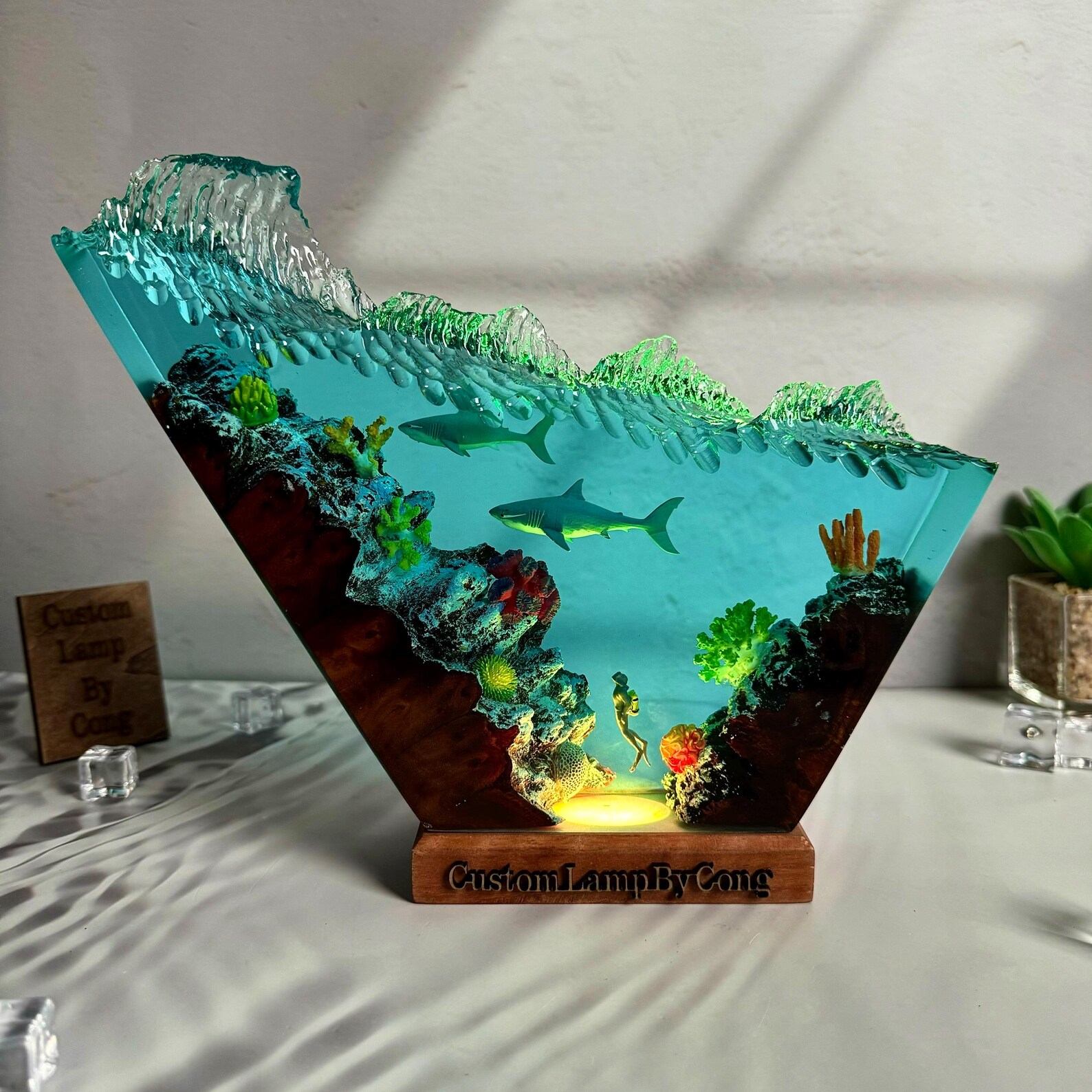 Great White Shark Resin Epoxy Lamp, Scuba Diver Night Light, Custom ...