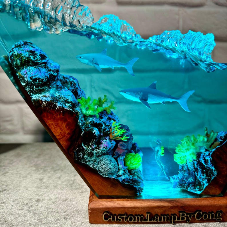 Great White Shark Resin Epoxy Lamp, Scuba Diver Night Light, Custom ...