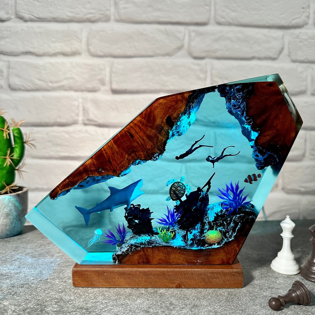 Great White Shark Resin Lamp, Free Divers Custom Night Light, Ocean ...