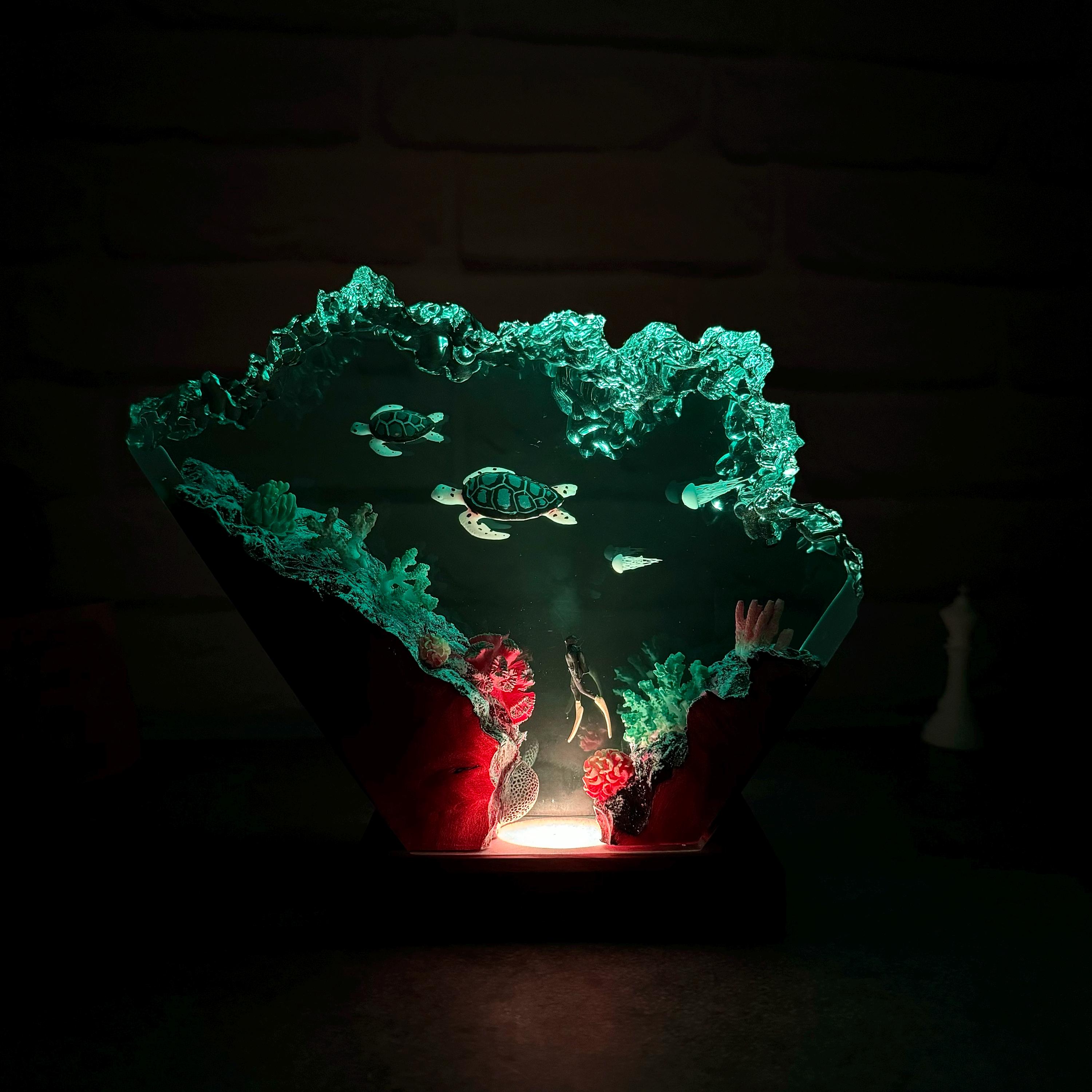Sea Turtle and Scuba Resin Art Lamp, Ocean Resin Decoration, Custom ...