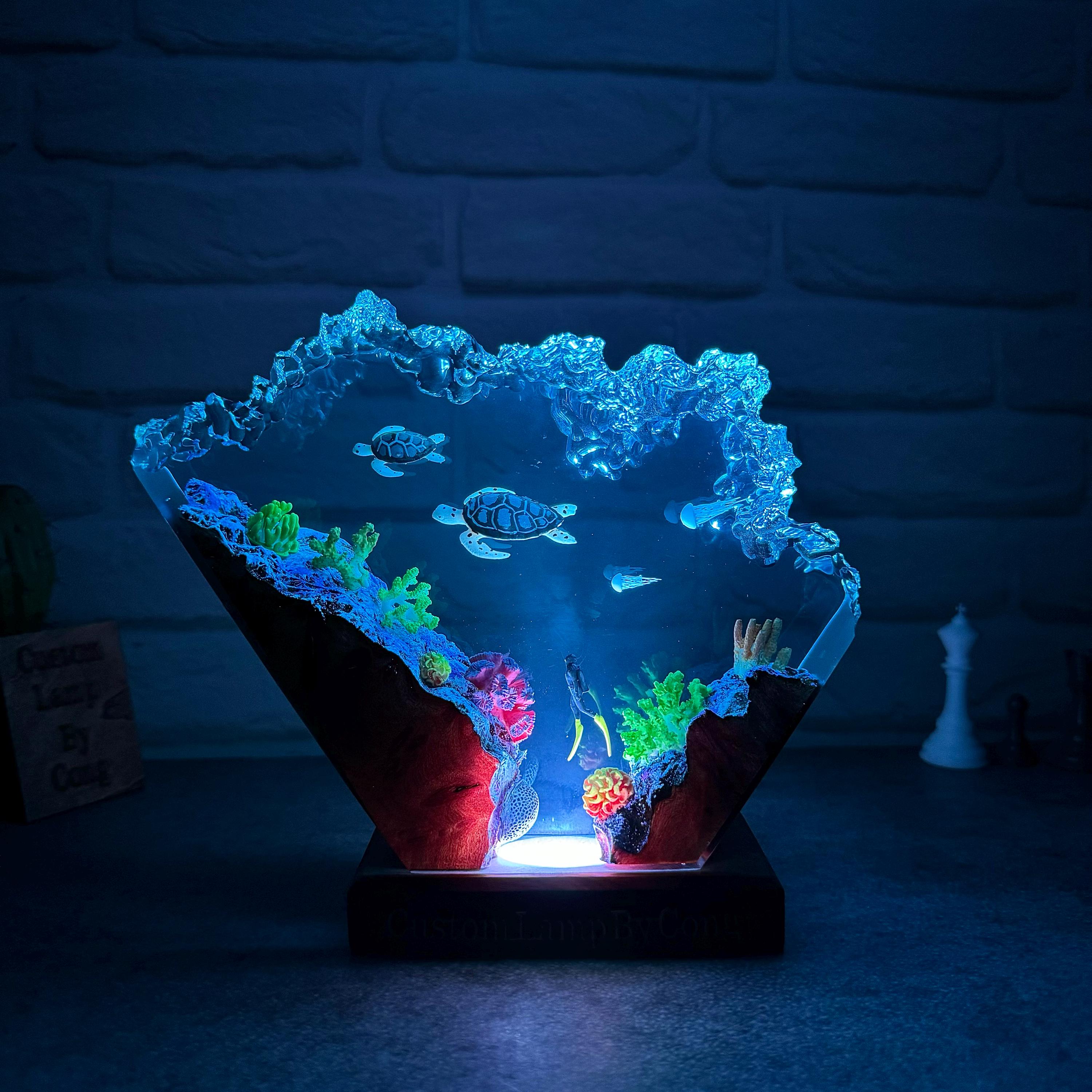Sea Turtle and Scuba Resin Art Lamp, Ocean Resin Decoration, Custom ...