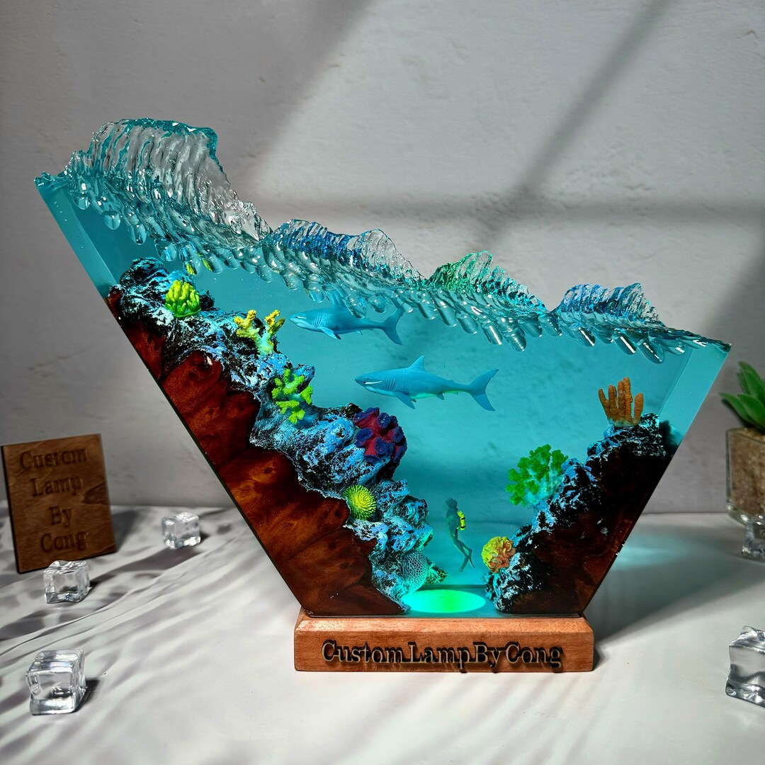 Great White Shark Resin Epoxy Lamp, Scuba Diver Night Light, Custom ...