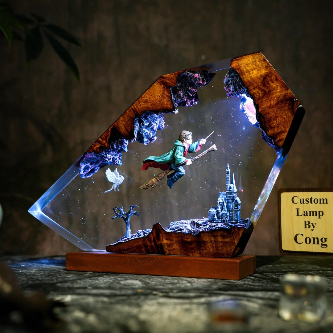 Flying Wizard Resin Lamp, Handmade Fantasy Light With Castle & Owl ...