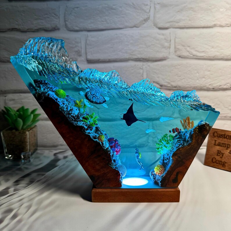 Turtle and Manta Rays Resin Lamp, Ocean Resin Art, Custom Night Light ...