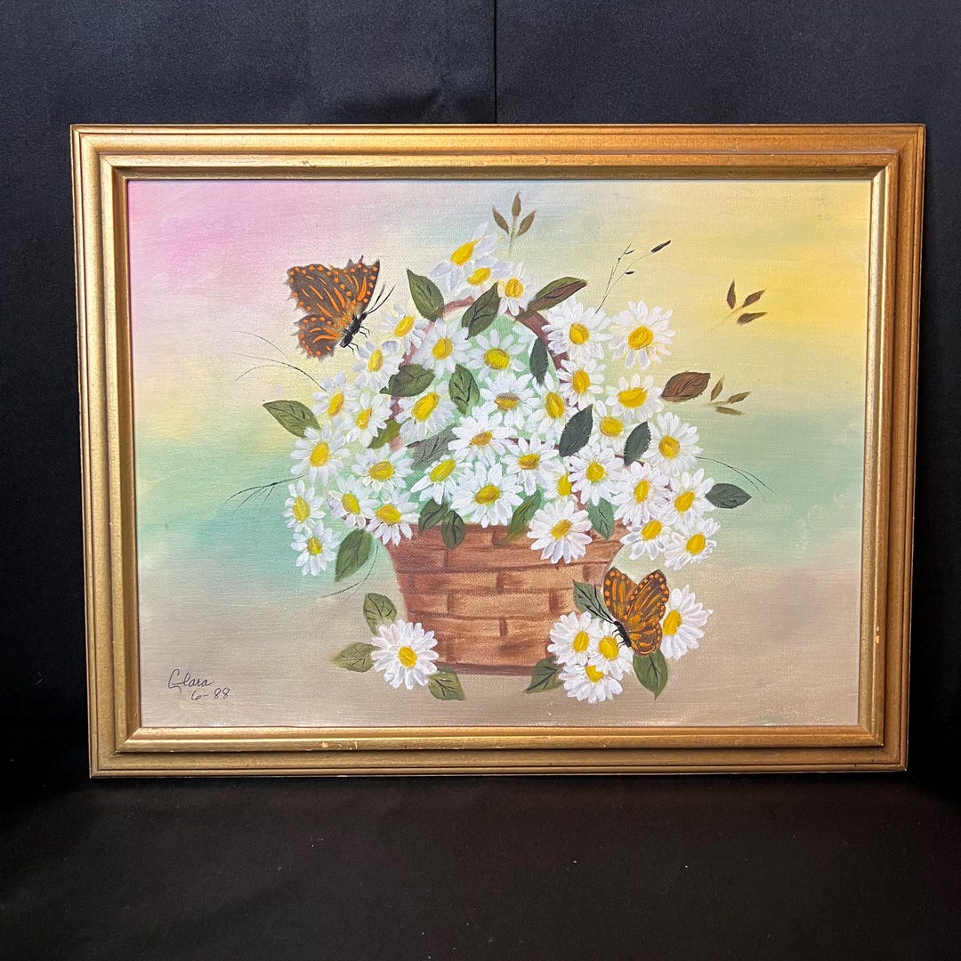 Vintage Original Still Life Paiting by Clara 1988 Butterflies Daisies ...