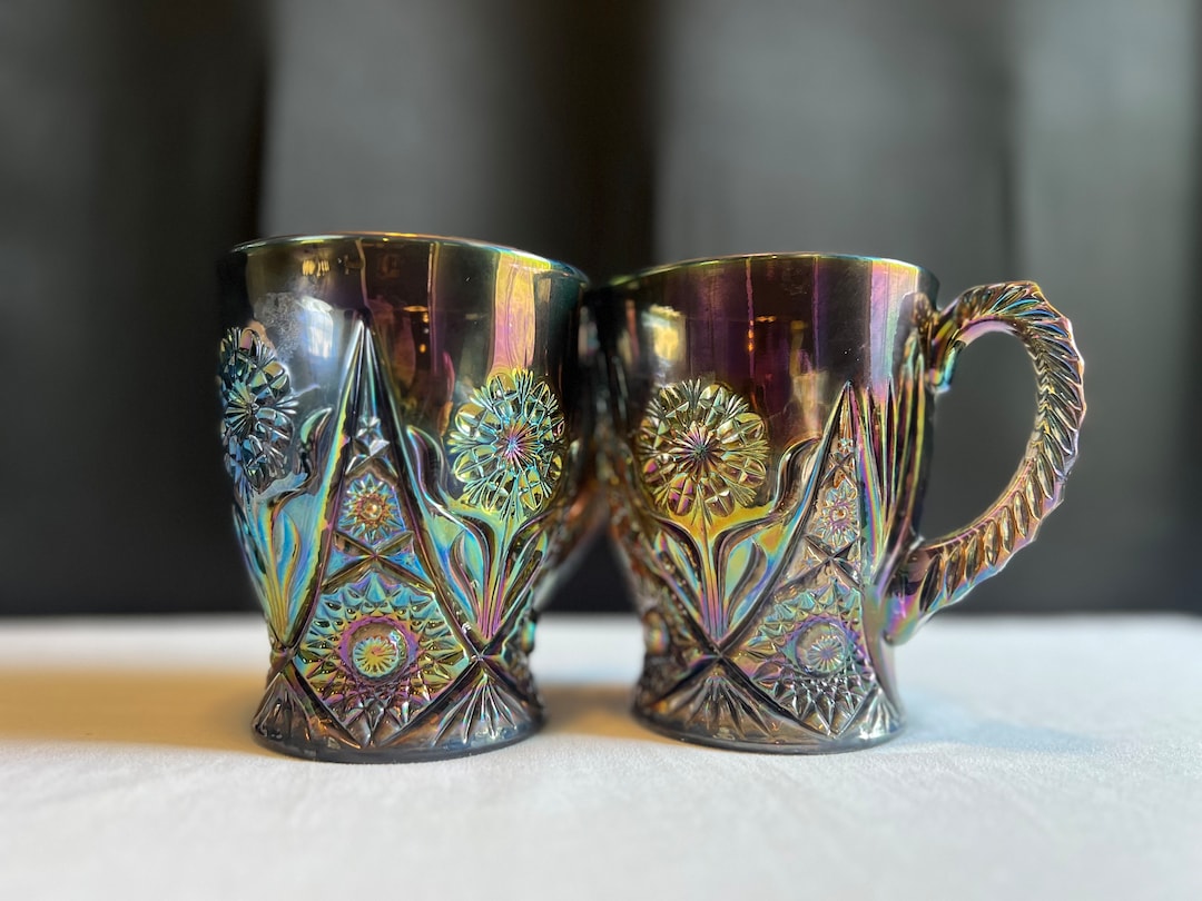 Vintage Imperial Glass 474 Peacock Revival Carnival Glass Mug Pair - Etsy