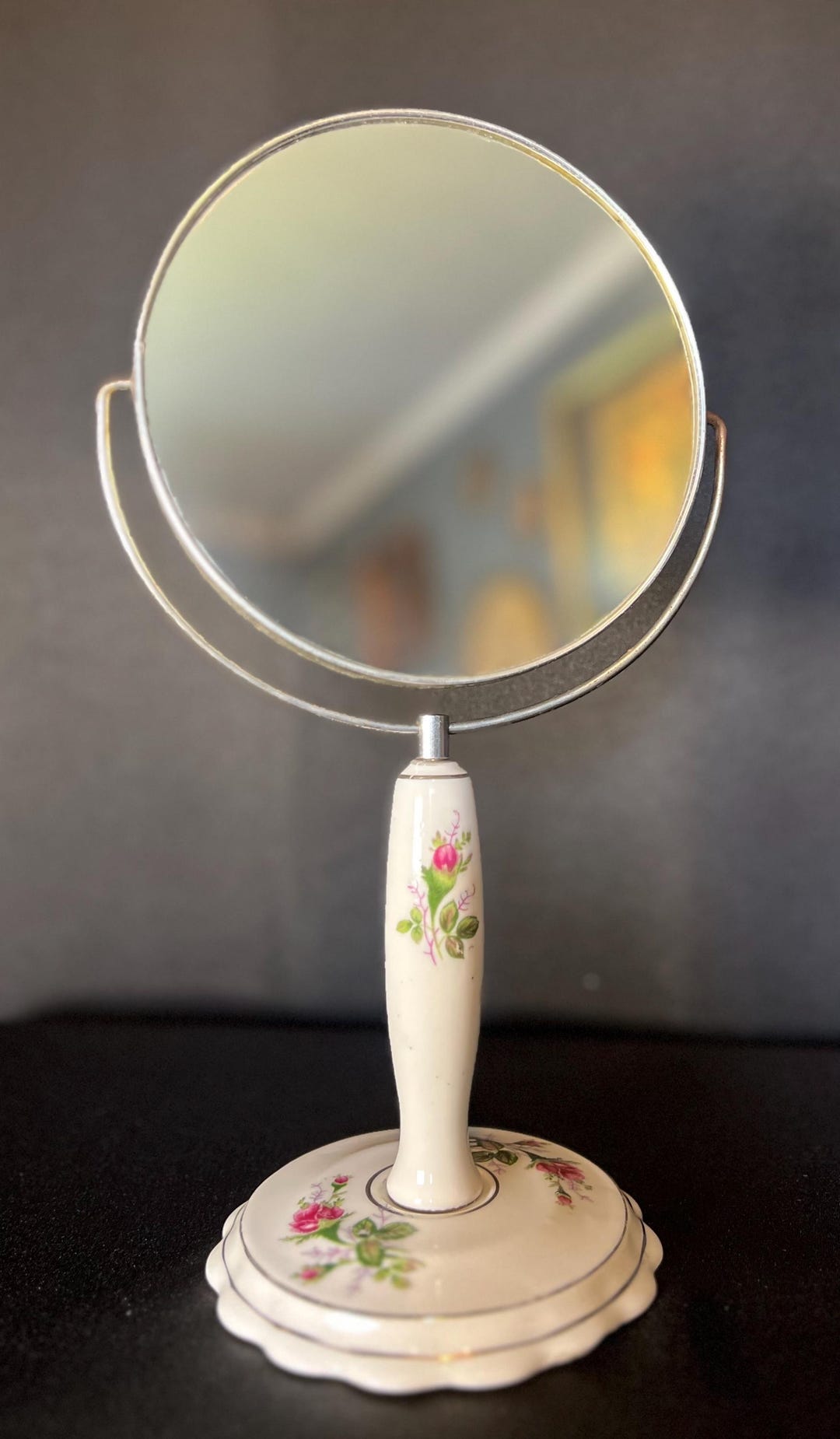Antique Vanity Two Sided Mirror With Magnifier, Porcelain With Floral ...