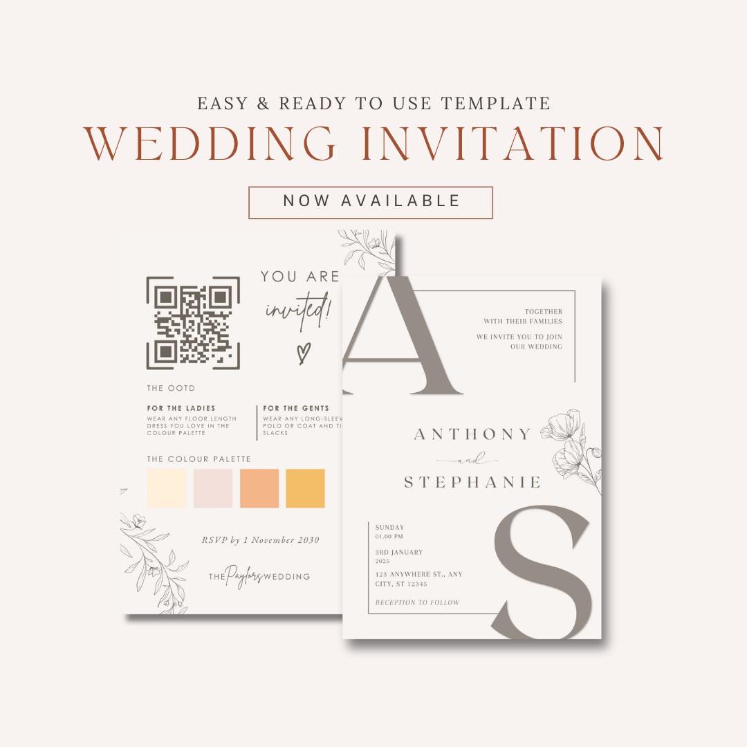 Editable Wedding Invitation With QR Code Canva Template Minimalist ...