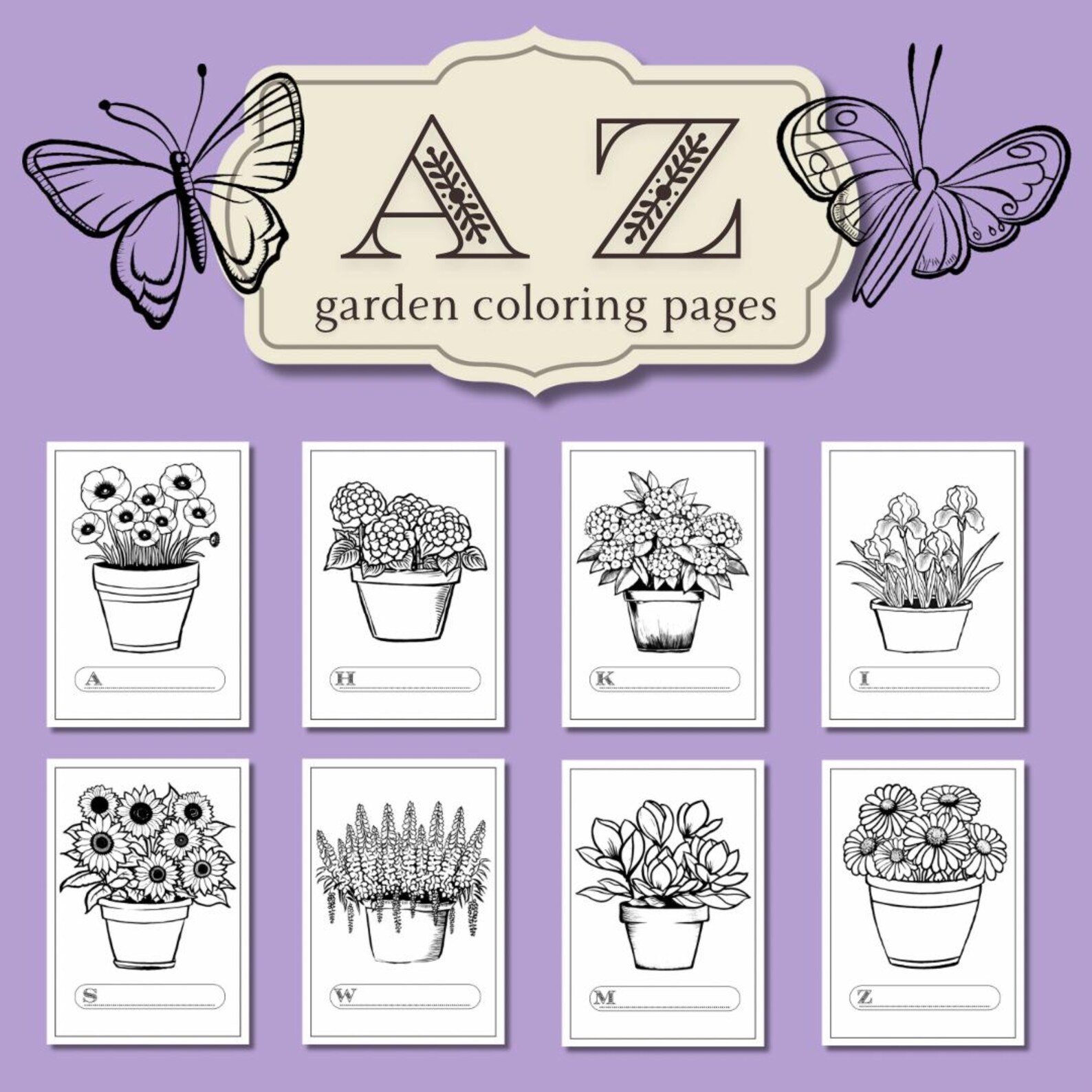 Garden Flower Alphabet Coloring Book Printable Adult Kids Cute ...