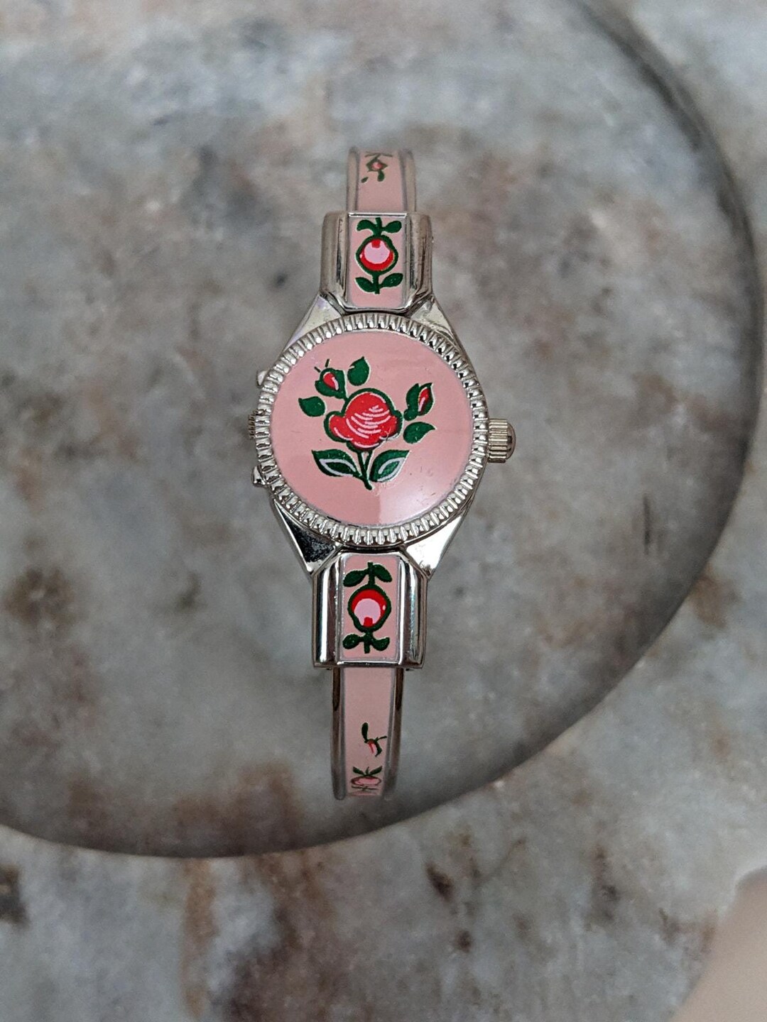 Vintage Rapport Silver Tone Peek a Boo Watch Pink and Flower (faded ...