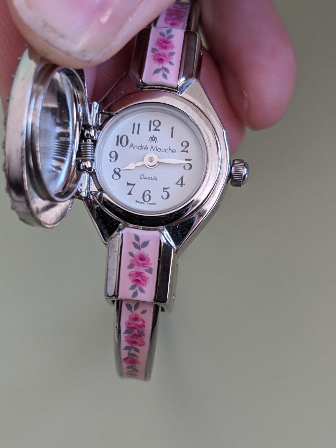 Vintage Andre Mouche Silver Tone Peek A Boo Bangle Watch, Pink Enamel ...