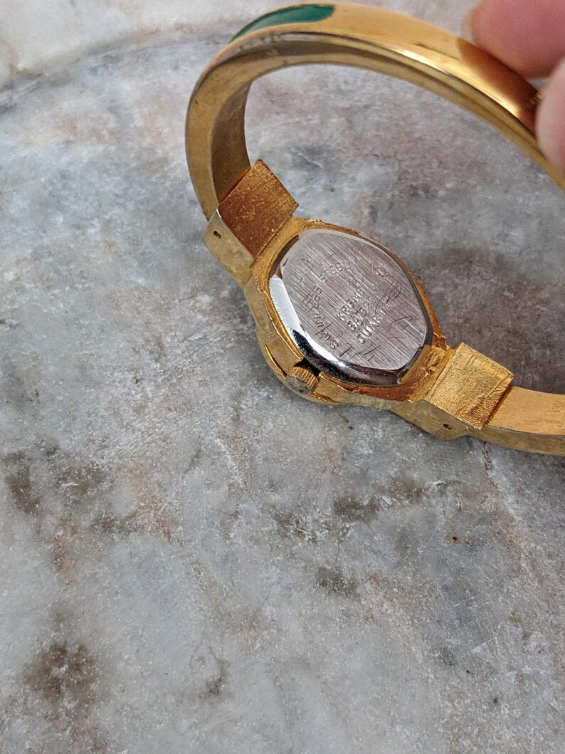 FLAW Vintage Krone Gold Tone Peek a Boo Watch Green Enamel Floral ...