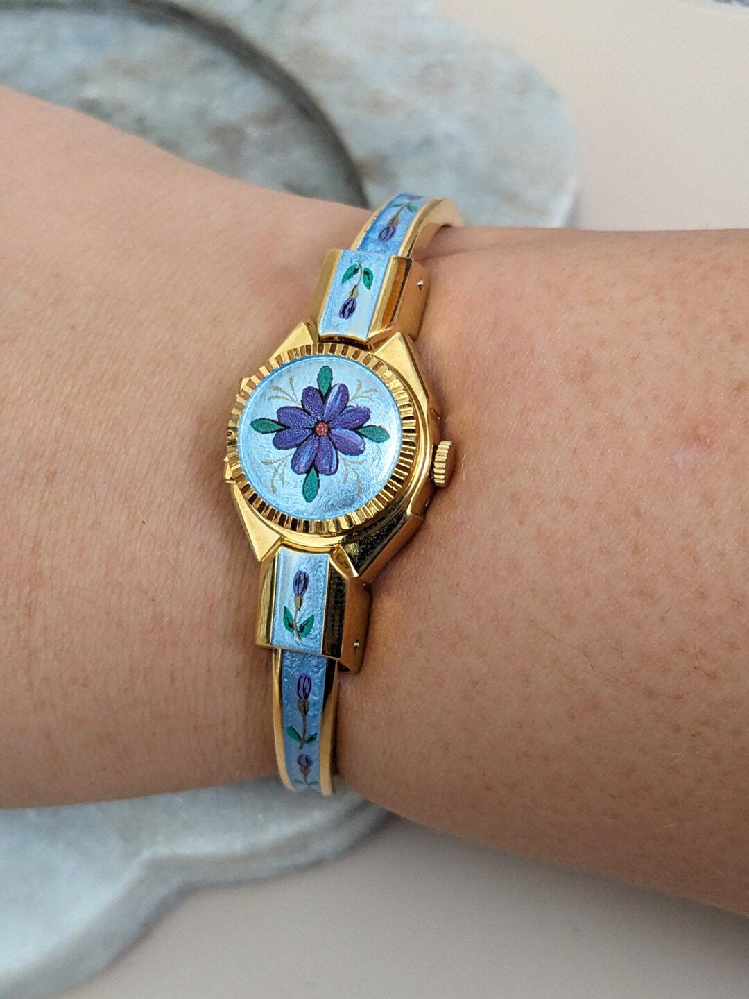 Vintage B Gold Tone Peek a Boo Watch Grey/blue Enamel Purple Florals ...