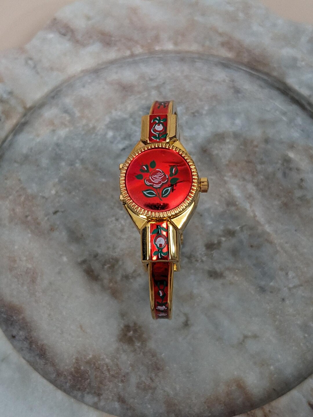 Vintage Belami Gold Tone Peek a Boo Watch Bright Red Enamel and Roses ...