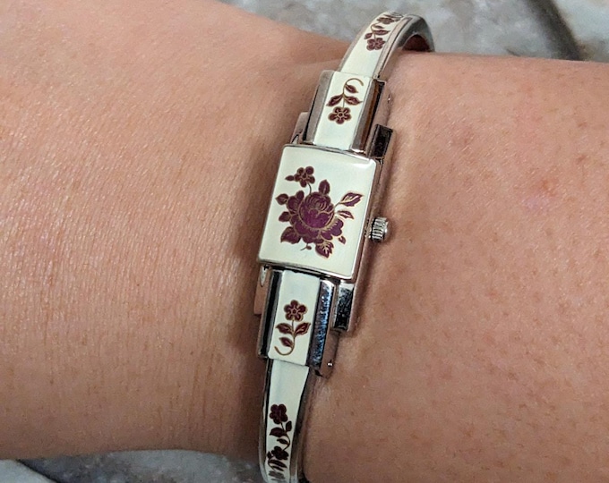 Vintage Andre Mouche Silver Tone Peek a Boo Watch Red Floral Enamel ...